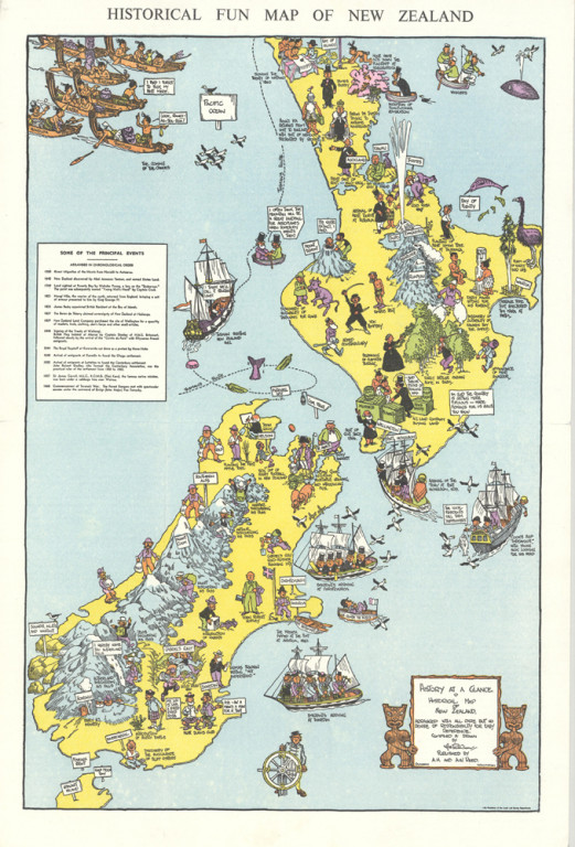 Historical Fun Map of New Zealand | La Jolla Map Museum